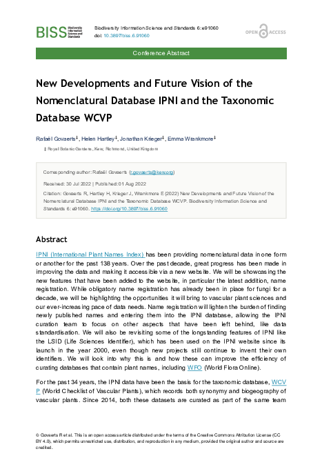 (PDF) New Developments and Future Vision of the Nomenclatural Database IPNI and the Taxonomic ...