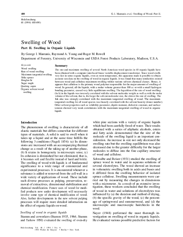 (PDF) Swelling of Wood. Part II. Swelling in Organic Liquids