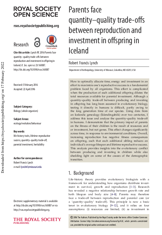 (PDF) Parents face quantity-quality trade-offs between reproduction and ...