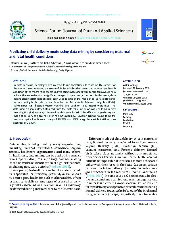(PDF) Predicting Child Delivery Mode Using Data Mining by Considering ...