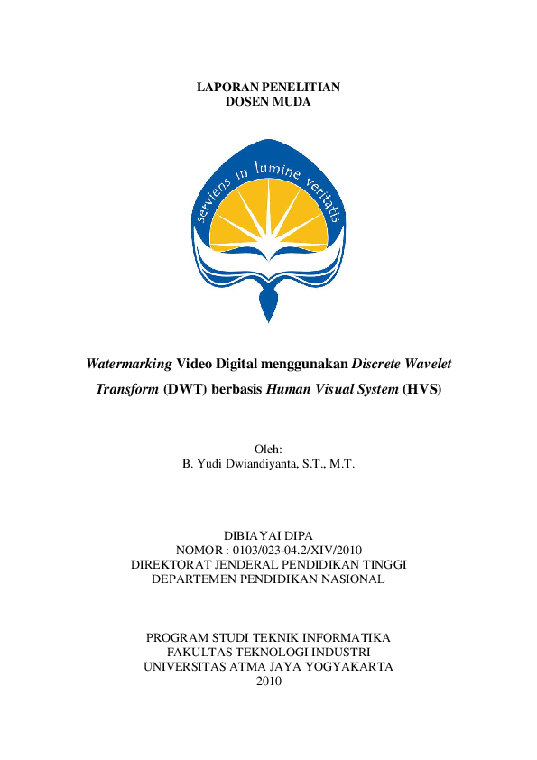 (PDF) Watermarking Video Digital menggunakan Discrete Wavelet Transform (DWT) berbasis Human ...