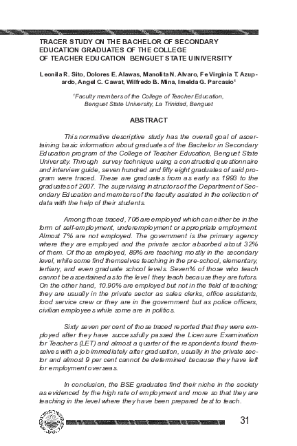 (PDF) Tracer Study on the Bachelor of Secondary Education Graduates of ...
