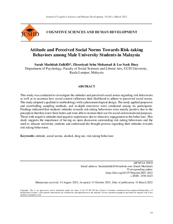 (PDF) Attitude and Perceived Social Norms Towards Risk-taking Behaviors among Male University ...