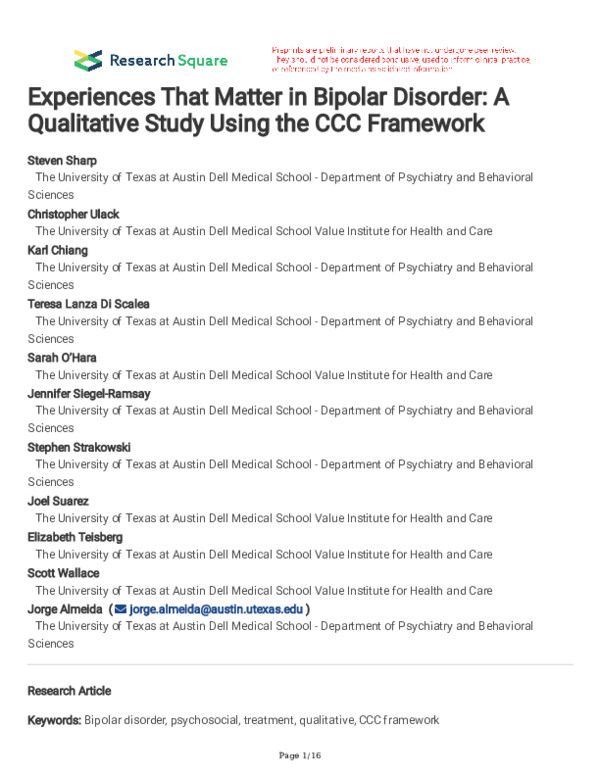 (PDF) Experiences That Matter in Bipolar Disorder: A Qualitative Study ...