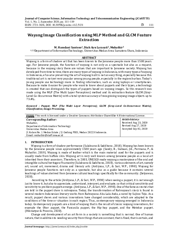 Pdf Wayang Image Classification Using Mlp Method And Glcm Feature Extraction