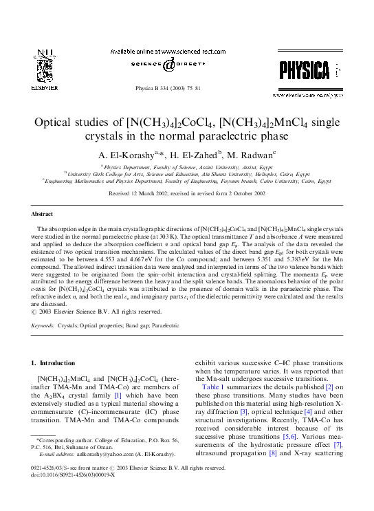 (PDF) Optical studies of [N(CH3)4]2CoCl4, [N(CH3)4]2MnCl4 single ...