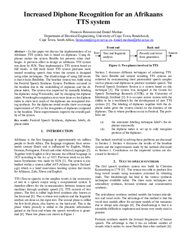 (PDF) Increased Diphone Recognition for an Afrikaans TTS system