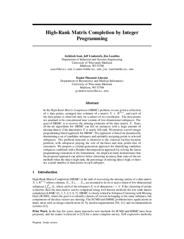 Pdf High Rank Matrix Completion By Integer Programming Akhilesh Soni 3545