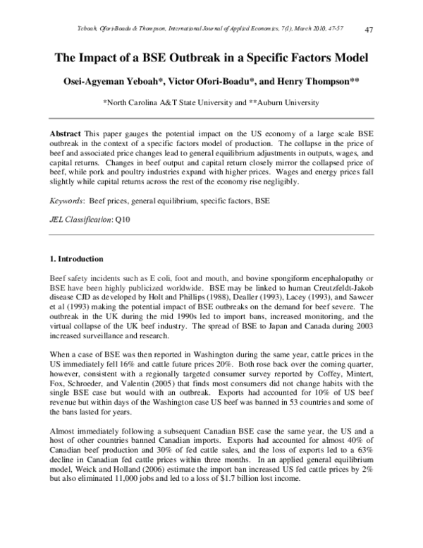 (PDF) The Impact of a BSE Outbreak in a Specific Factors Model