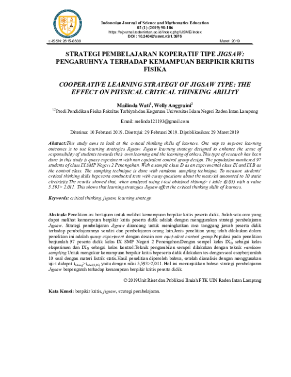 (PDF) Strategi Pembelajaran Kooperatif Tipe Jigsaw: Pengaruhnya ...