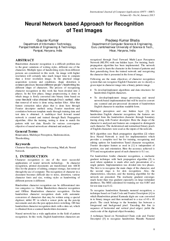 (PDF) Neural Network based Approach for Recognition of Text Images