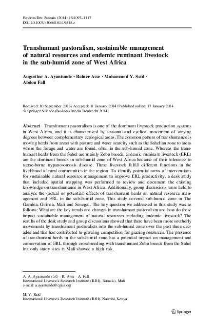 (PDF) Transhumant pastoralism, sustainable management of natural ...