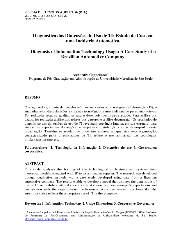 (PDF) Diagnóstico das Dimensões do Uso de TI: Estudo de Caso em uma Indústria Automotiva