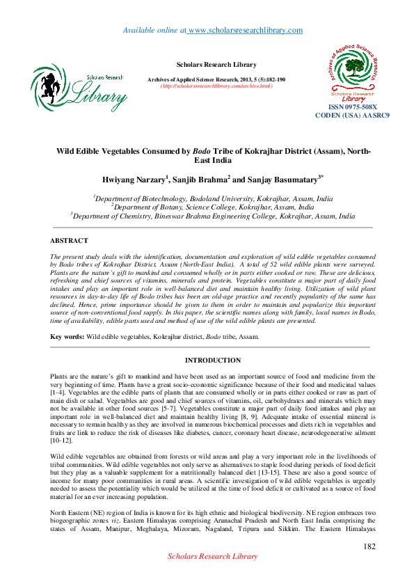(PDF) Wild Edible Vegetables Consumed by Bodo Tribe of Kokrajhar ...