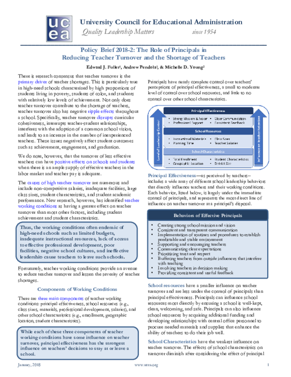 (PDF) The Role of Principals in Reducing Teacher Turnover and the Shortage of Teachers. Policy ...
