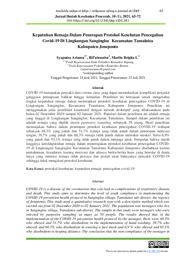 (PDF) Kepatuhan Remaja Dalam Penerapan Protokol Kesehatan Pencegahan Covid-19 Di Lingkungan ...