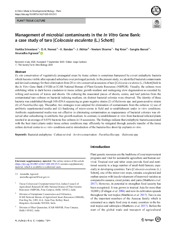 (PDF) Management of microbial contaminants in the In Vitro Gene Bank: a ...
