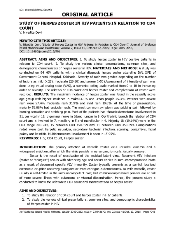 (PDF) Study of Herpes Zoster in Hiv Patients in Relation to CD4 Count
