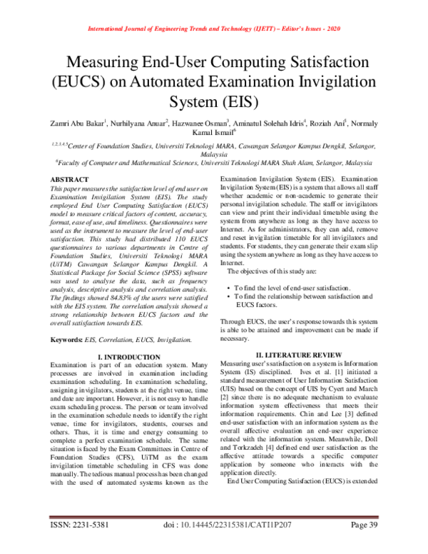 (PDF) (EUCS) on Automated Examination Invigilation System (EIS)