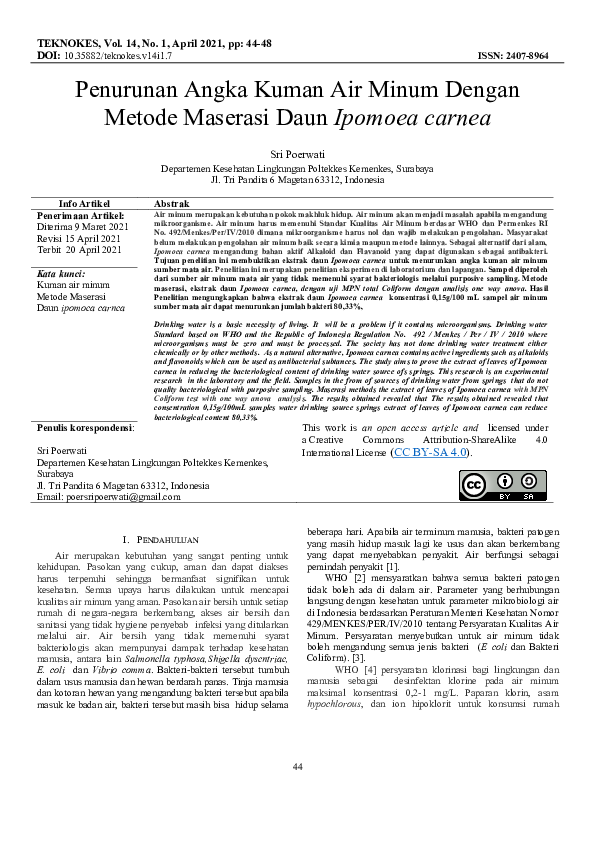 (PDF) Penurunan Angka Kuman Air Minum Dengan Metode Maserasi Daun ...