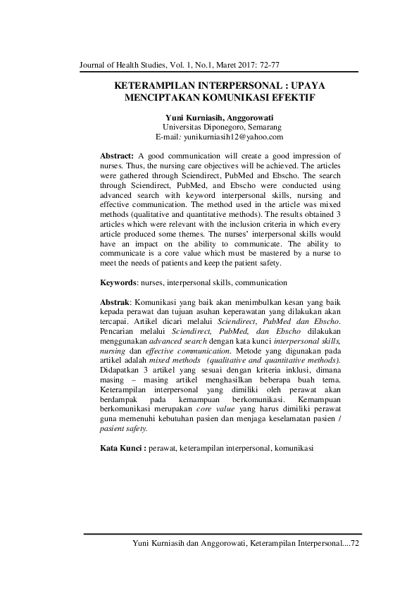 (PDF) Keterampilan Interpersonal : Upaya Menciptakan Komunikasi Efektif