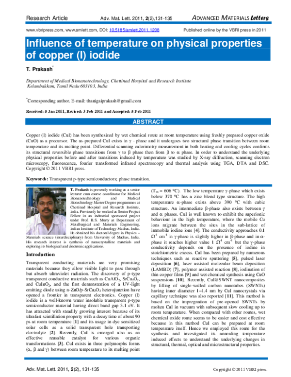 (PDF) Influence Of Temperature On Physical Properties Of Copper(I) Iodide