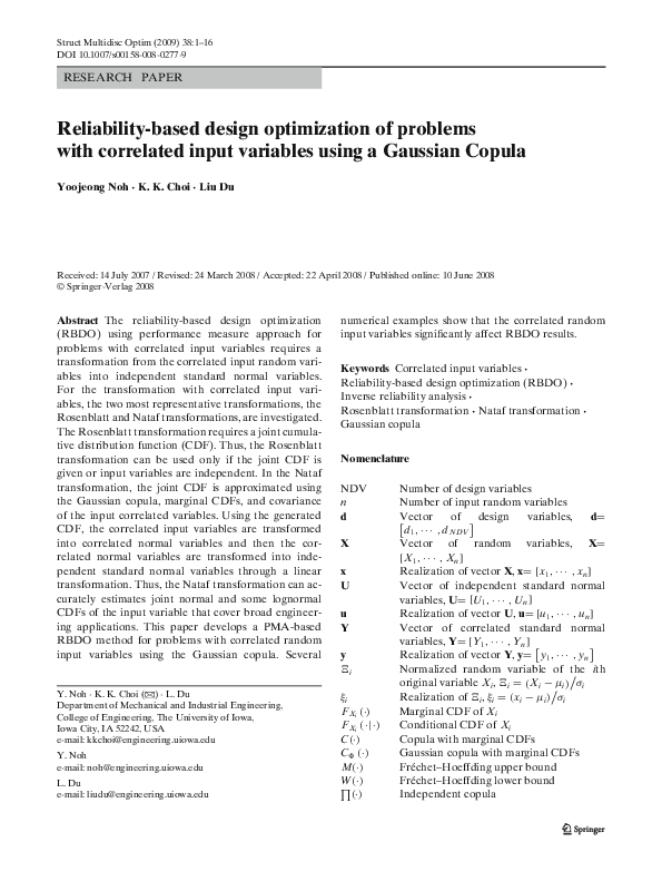 Pdf Reliability Based Design Optimization Of Problems With Correlated Input Variables Using A 