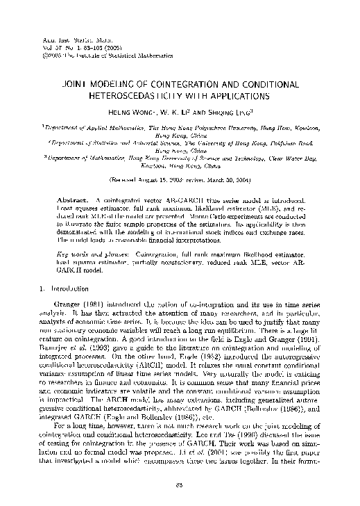 (PDF) Joint modeling of cointegration and conditional heteroscedasticity with applications