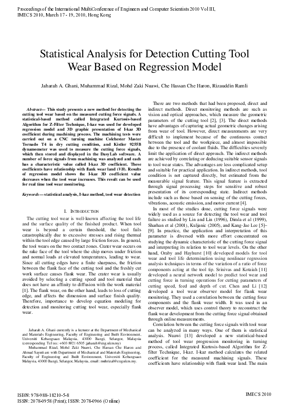 (PDF) Statistical analysis for detection cutting tool wear based on regression model
