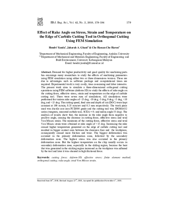 Pdf Effect Of Rake Angle On Stress Strain And Temperature On The Edge Of Carbide Cutting Tool
