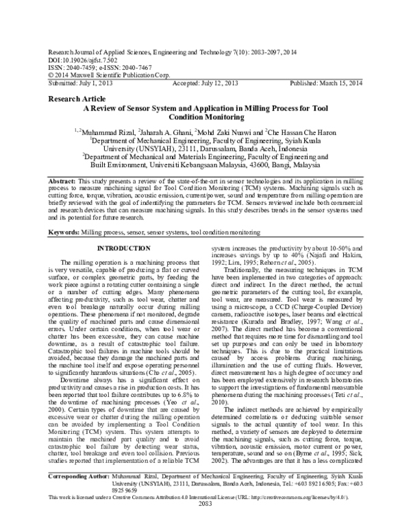Pdf A Review Of Sensor System And Application In Milling Process For