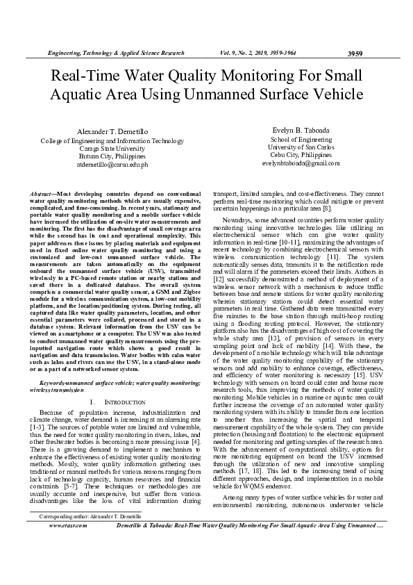 (PDF) Real-Time Water Quality Monitoring For Small Aquatic Area Using Unmanned Surface Vehicle