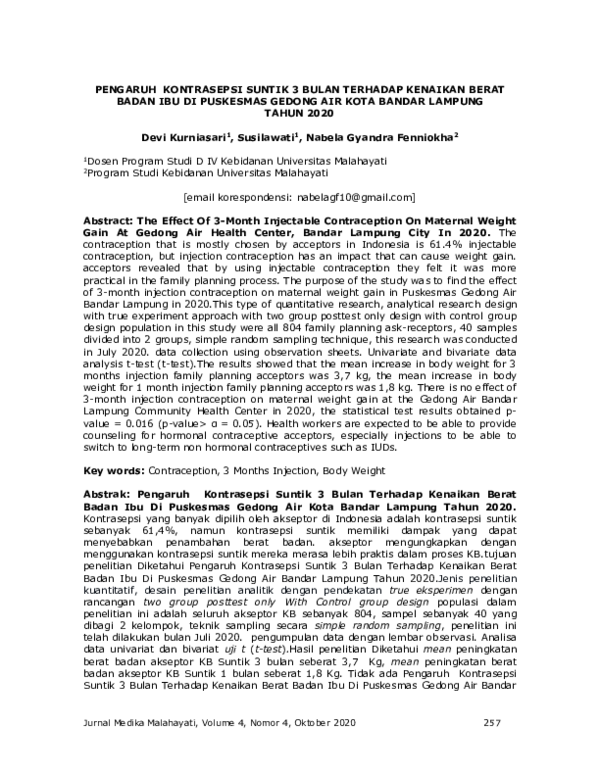 (PDF) Pengaruh Kontrasepsi Suntik 3 Bulan Terhadap Kenaikan Berat Badan Ibu DI Puskesmas Gedong ...