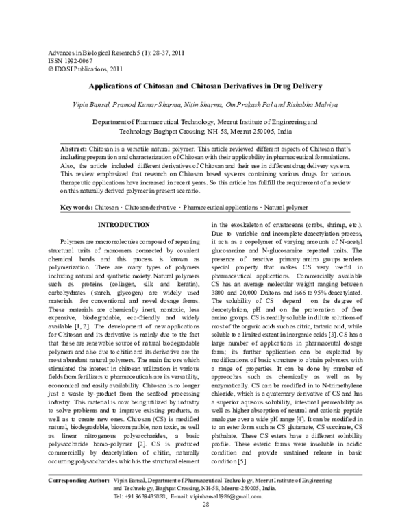 (PDF) Applications of Chitosan and Chitosan Derivatives in Drug Delivery