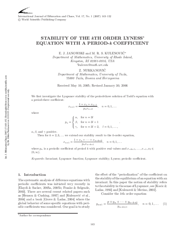 (PDF) STABILITY OF THE kTH ORDER LYNESS' EQUATION WITH A PERIOD-k ...