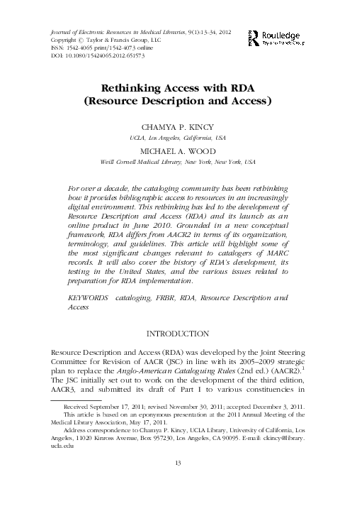 (PDF) Rethinking Access with RDA (Resource Description and Access)