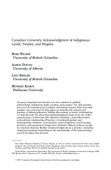 (PDF) Canadian University Acknowledgment of Indigenous Lands, Treaties ...