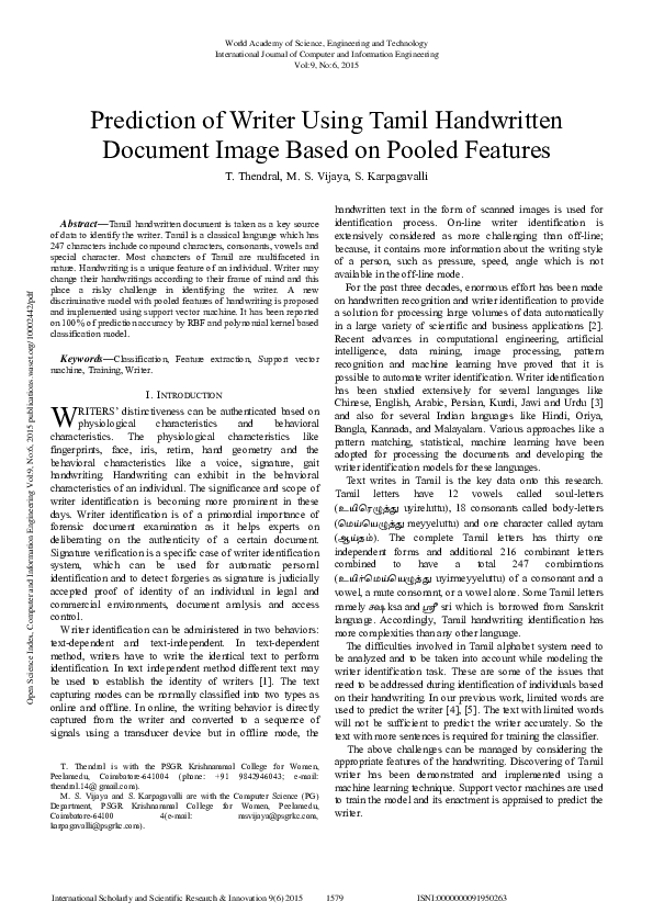 (PDF) Prediction Of Writer Using Tamil Handwritten Document Image Based ...