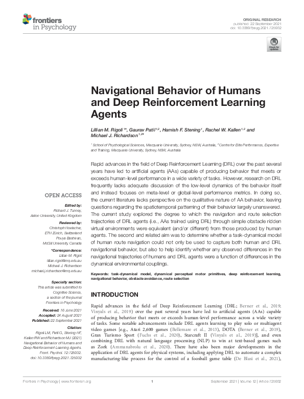 (PDF) Navigational Behavior of Humans and Deep Reinforcement Learning Agents | Gaurav Patil ...