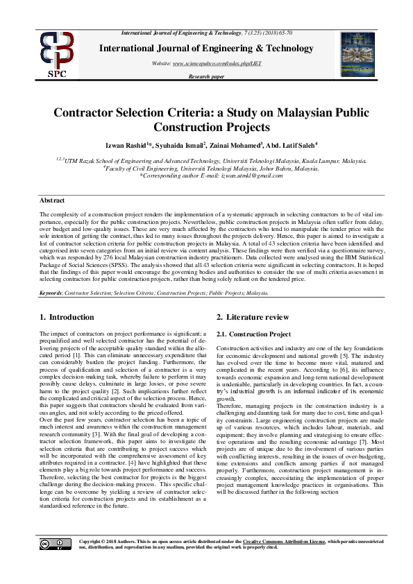 (PDF) Contractor Selection Criteria: a Study on Malaysian Public ...