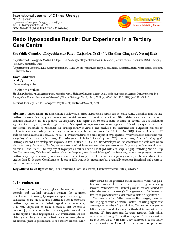 (PDF) Redo Hypospadias Repair: Our Experience in a Tertiary Care Centre