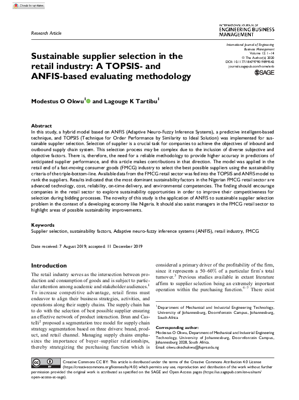 Pdf Sustainable Supplier Selection In The Retail Industry A Topsis And Anfis Based