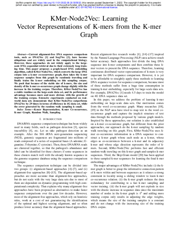 (PDF) KMer-Node2Vec: Learning Vector Representations of K-mers from the K-mer Graph | Yuanzhe ...