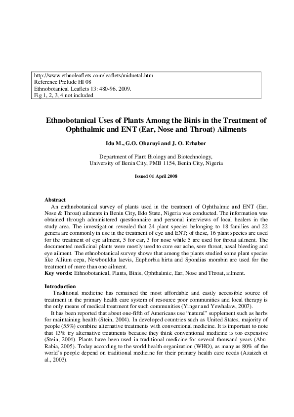 (PDF) Ethnobotanical Uses of Plants Among the Binis in the Treatment of ...