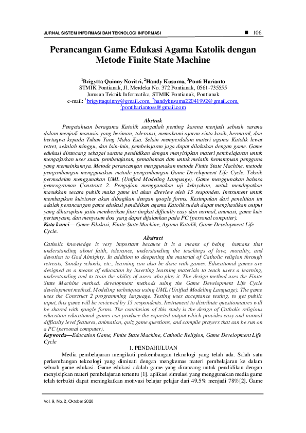 (PDF) Perancangan Game Edukasi Agama Katolik dengan Metode Finite State Machine