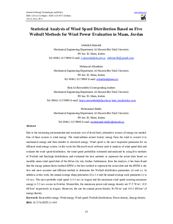 Pdf Statistical Analysis Of Wind Speed Distribution Based On Five