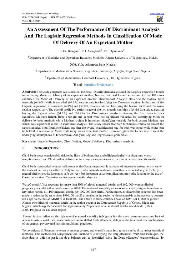 (PDF) An Assessment Of The Performance Of Discriminant Analysis And The Logistic Regression ...