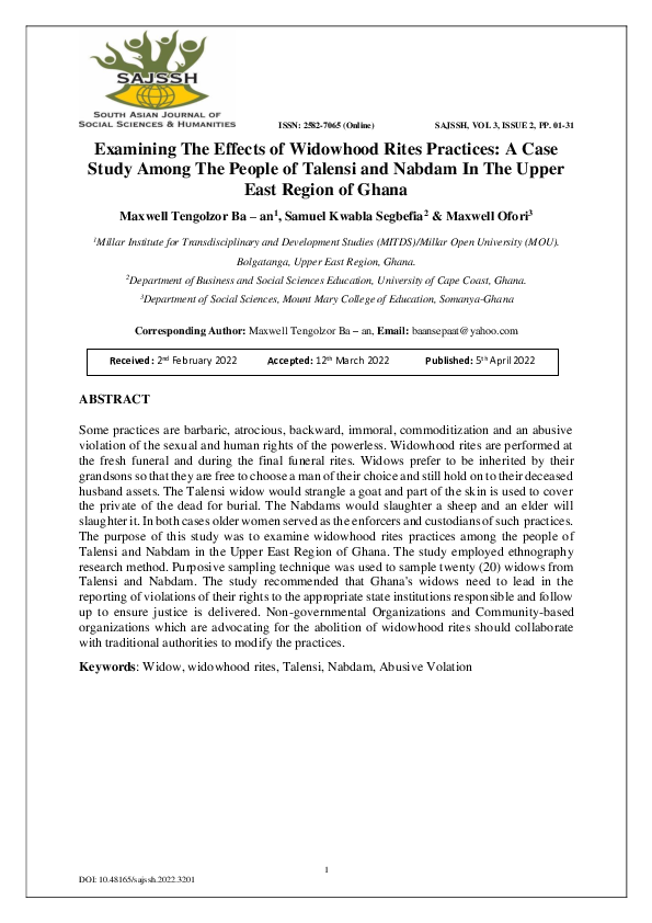 Pdf Examining The Effects Of Widowhood Rites Practices A Case Study