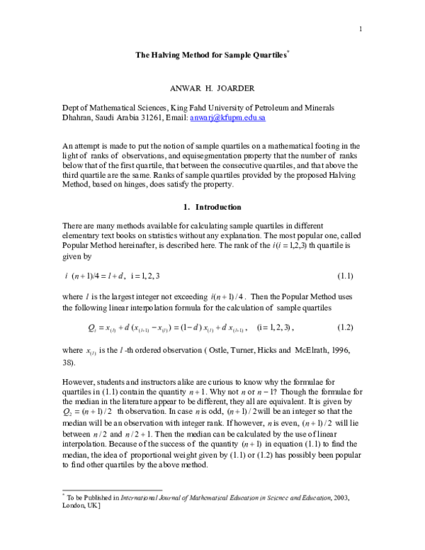 (PDF) 1 The Halving Method for Sample Quartiles*