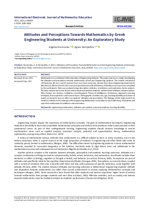 (PDF) Attitudes and Perceptions Towards Mathematics by Greek ...